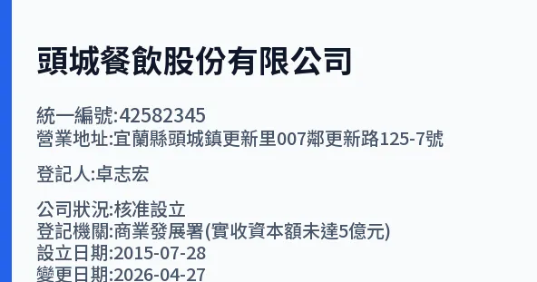 頭城餐飲股份有限公司的照片-統編 42582345(宜蘭縣) 公司登記資料與營業項目詳細圖表