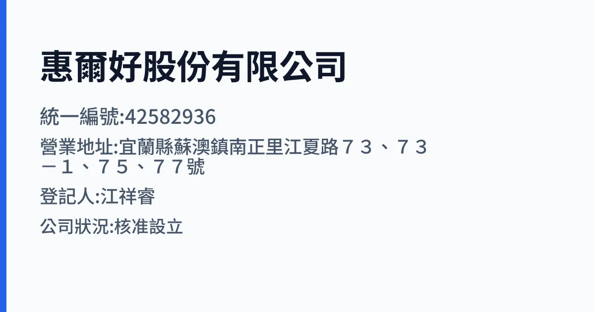 惠爾好股份有限公司 - 統編 42582936（宜蘭縣） 公司登記資料與營業項目詳細圖表
