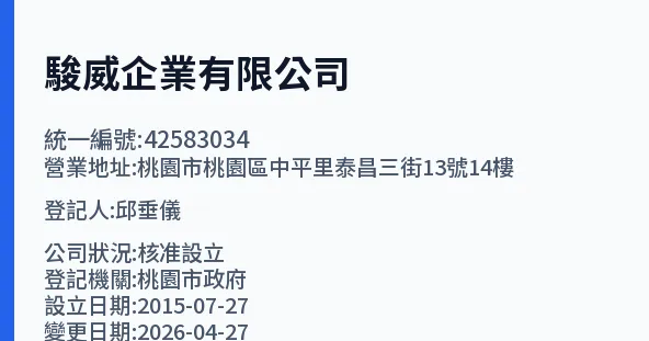 駿威企業有限公司的照片-統編 42583034(桃園市) 公司登記資料與營業項目詳細圖表