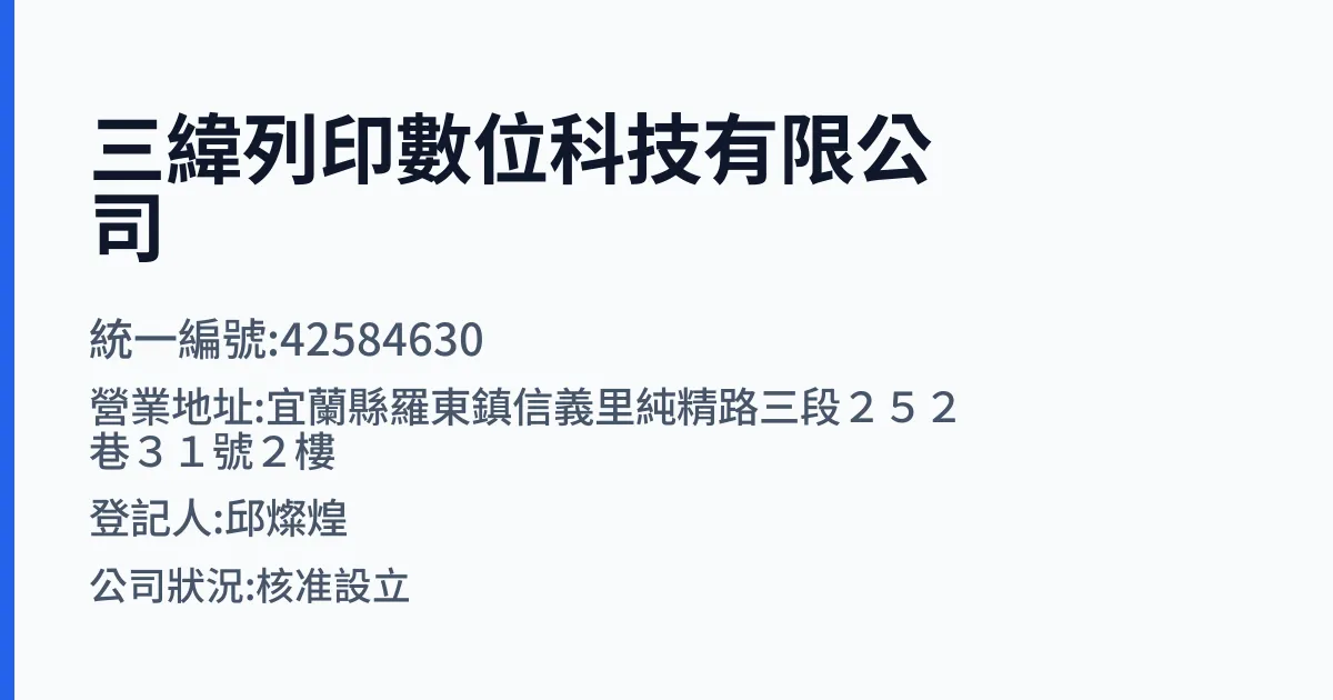 三緯列印數位科技有限公司 - 統編 42584630(宜蘭縣) 公司登記資料與營業項目詳細圖表