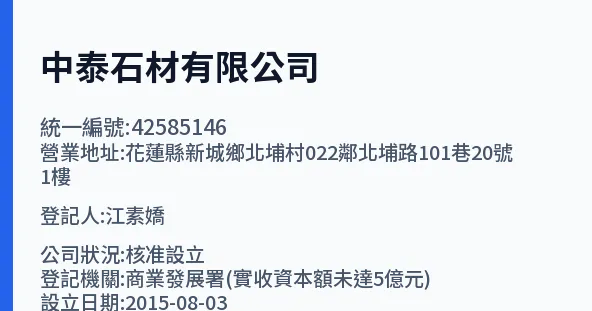 中泰石材有限公司的照片-統編 42585146(花蓮縣) 公司登記資料與營業項目詳細圖表