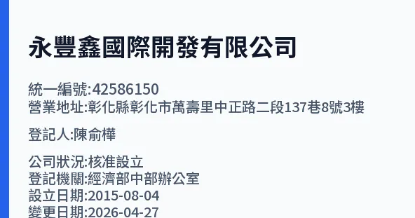 永豐鑫國際開發有限公司的照片-統編 42586150(彰化縣) 公司登記資料與營業項目詳細圖表
