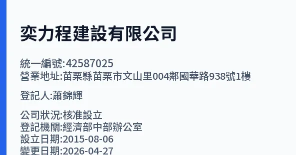 奕力程建設有限公司的照片-統編 42587025(苗栗縣) 公司登記資料與營業項目詳細圖表