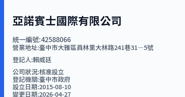 亞諾賓士國際有限公司的照片-統編 42588066(臺中市) 公司登記資料與營業項目詳細圖表