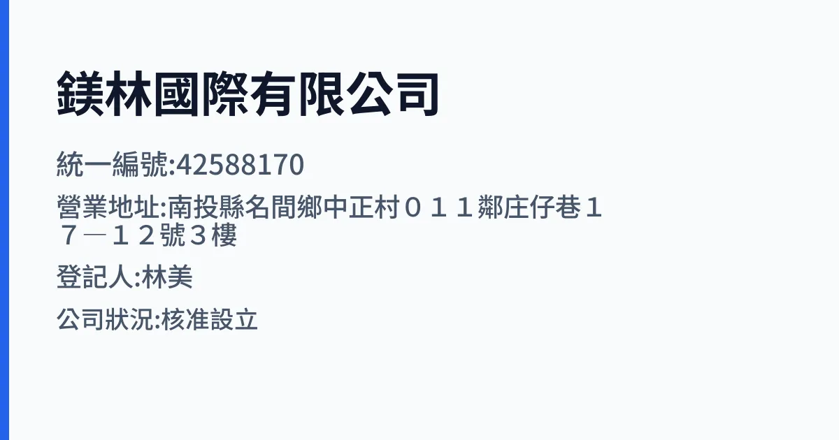 鎂林國際有限公司 - 統編 42588170(南投縣) 公司登記資料與營業項目詳細圖表