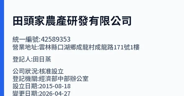 田頭家農產研發有限公司的照片-統編 42589353(雲林縣) 公司登記資料與營業項目詳細圖表