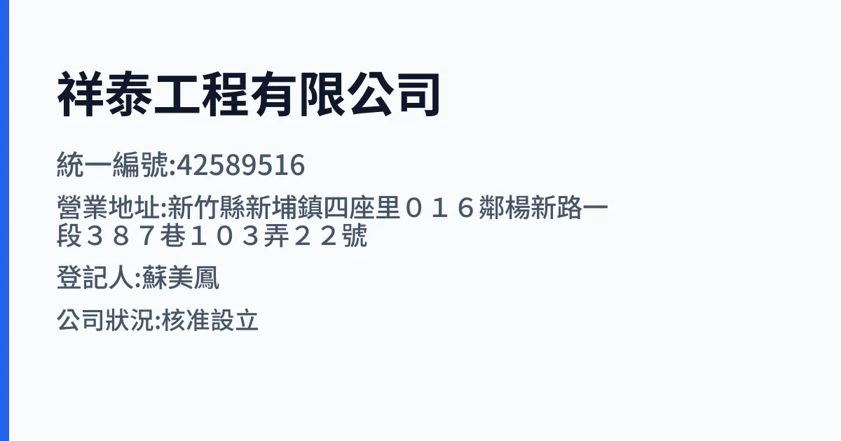 祥泰工程有限公司 - 統編 42589516(新竹縣) 公司登記資料與營業項目詳細圖表