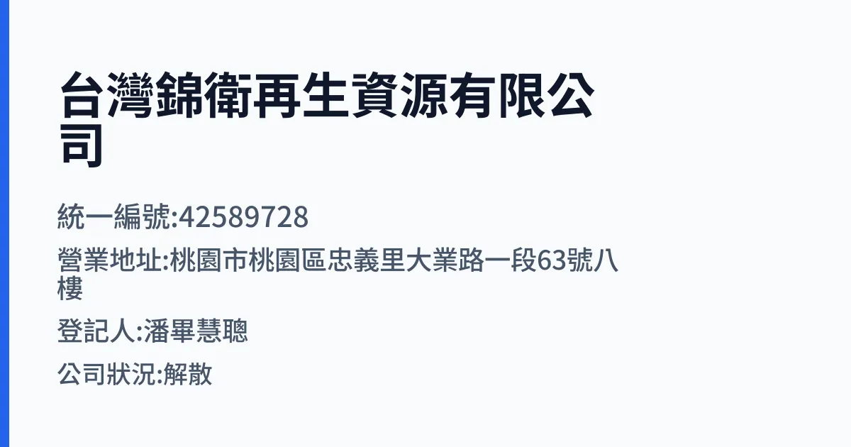 台灣錦衛再生資源有限公司 - 統編 42589728(桃園市) 公司登記資料與營業項目詳細圖表