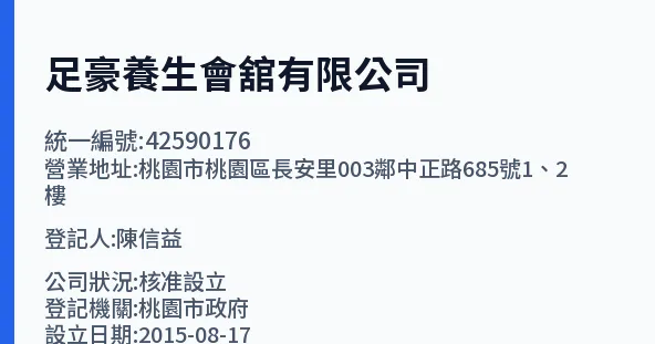 足豪養生會舘有限公司的照片-統編 42590176(桃園市) 公司登記資料與營業項目詳細圖表