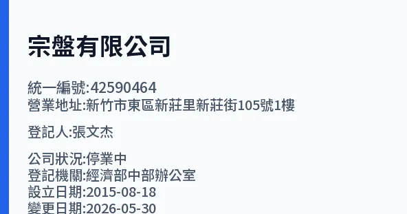 宗盤有限公司的照片-統編 42590464(新竹市) 公司登記資料與營業項目詳細圖表