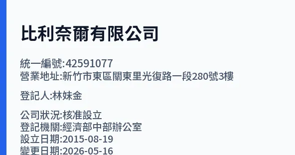 比利奈爾有限公司的照片-統編 42591077(新竹市) 公司登記資料與營業項目詳細圖表