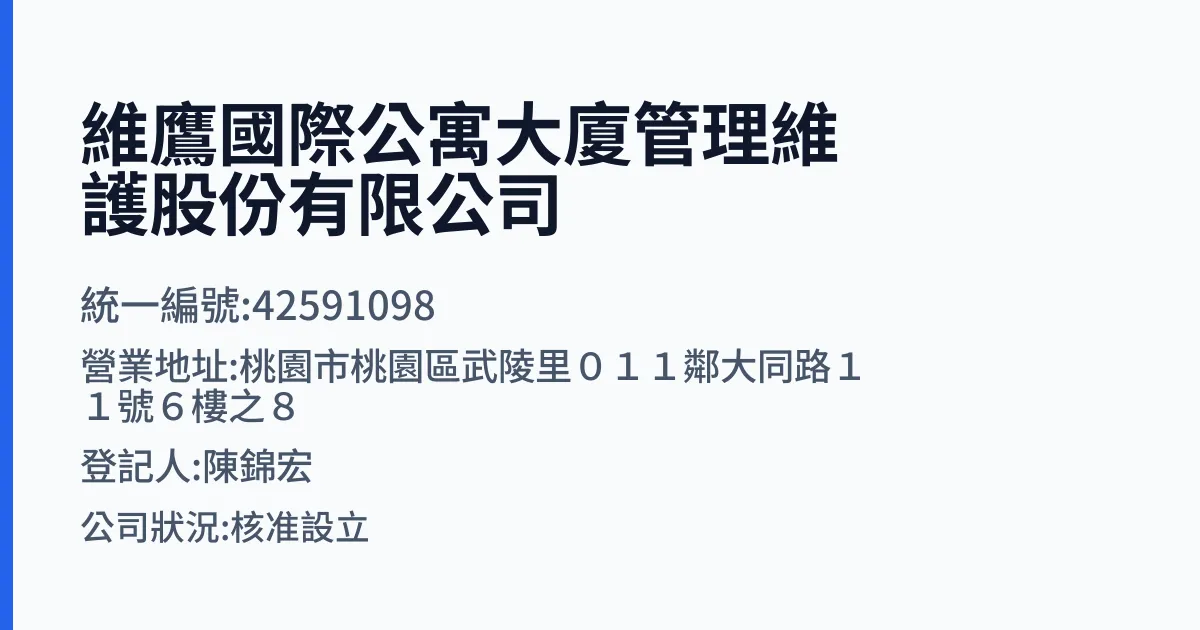 維鷹國際公寓大廈管理維護股份有限公司 - 統編 42591098(桃園市) 公司登記資料與營業項目詳細圖表