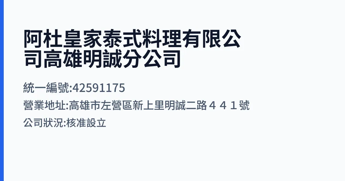 阿杜皇家泰式料理有限公司高雄明誠分公司 - 統編 42591175(高雄市) 公司登記資料與營業項目詳細圖表