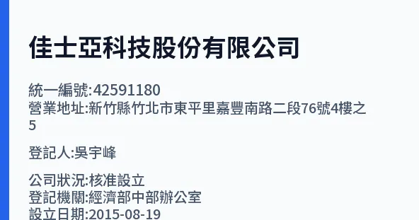 佳士亞科技股份有限公司的照片-統編 42591180(新竹縣) 公司登記資料與營業項目詳細圖表