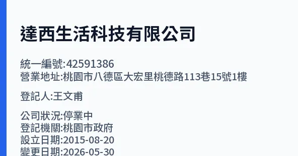 達西生活科技有限公司的照片-統編 42591386(桃園市) 公司登記資料與營業項目詳細圖表