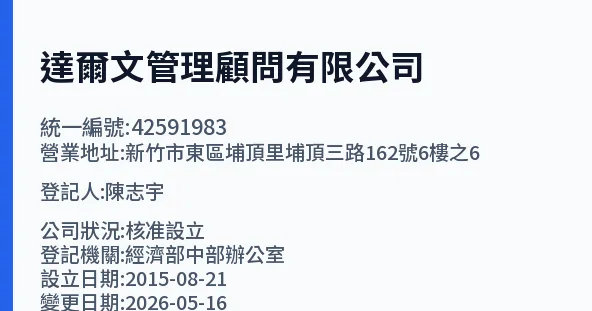 達爾文管理顧問有限公司的照片-統編 42591983(新竹市) 公司登記資料與營業項目詳細圖表