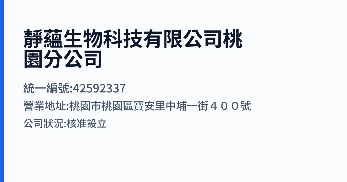 靜蘊生物科技有限公司桃園分公司 - 統編 42592337(桃園市) 公司登記資料與營業項目詳細圖表
