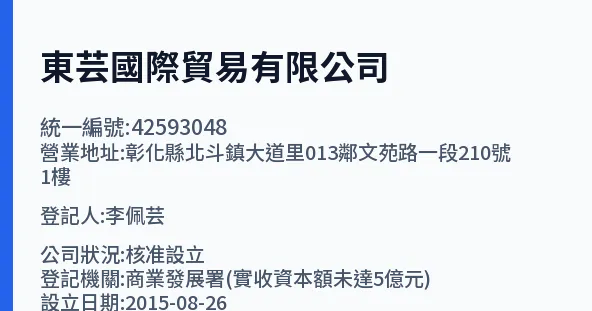 東芸國際貿易有限公司的照片-統編 42593048(彰化縣) 公司登記資料與營業項目詳細圖表