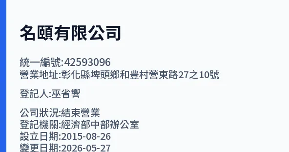 名頤有限公司的照片-統編 42593096(彰化縣) 公司登記資料與營業項目詳細圖表