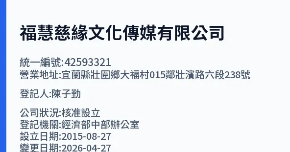 福慧慈緣文化傳媒有限公司的照片-統編 42593321(宜蘭縣) 公司登記資料與營業項目詳細圖表