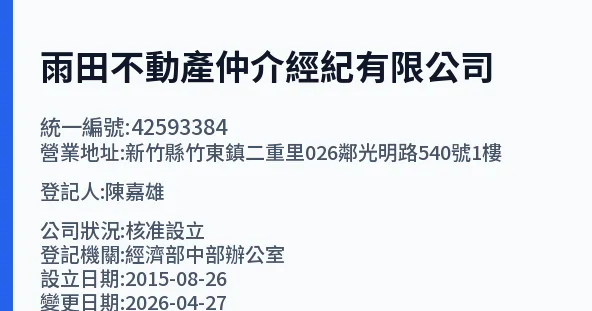 雨田不動產仲介經紀有限公司的照片-統編 42593384(新竹縣) 公司登記資料與營業項目詳細圖表