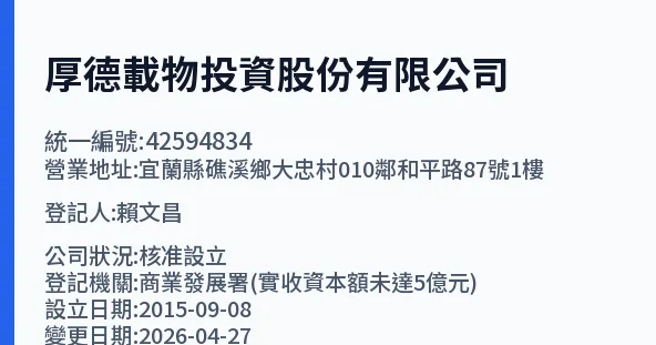 厚德載物投資股份有限公司的照片-統編 42594834(宜蘭縣) 公司登記資料與營業項目詳細圖表