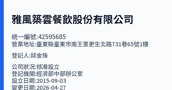 雅風築雲餐飲股份有限公司的照片-統編 42595685(臺東縣) 公司登記資料與營業項目詳細圖表