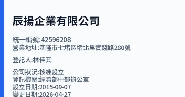 辰揚企業有限公司的照片-統編 42596208(基隆市) 公司登記資料與營業項目詳細圖表