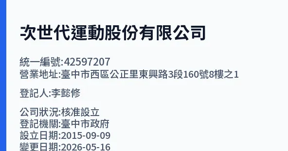 次世代運動股份有限公司的照片-統編 42597207(臺中市) 公司登記資料與營業項目詳細圖表