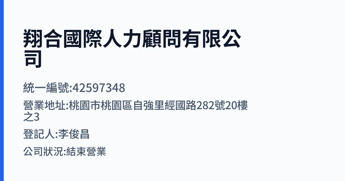 翔合國際人力顧問有限公司 - 統編 42597348(桃園市) 公司登記資料與營業項目詳細圖表