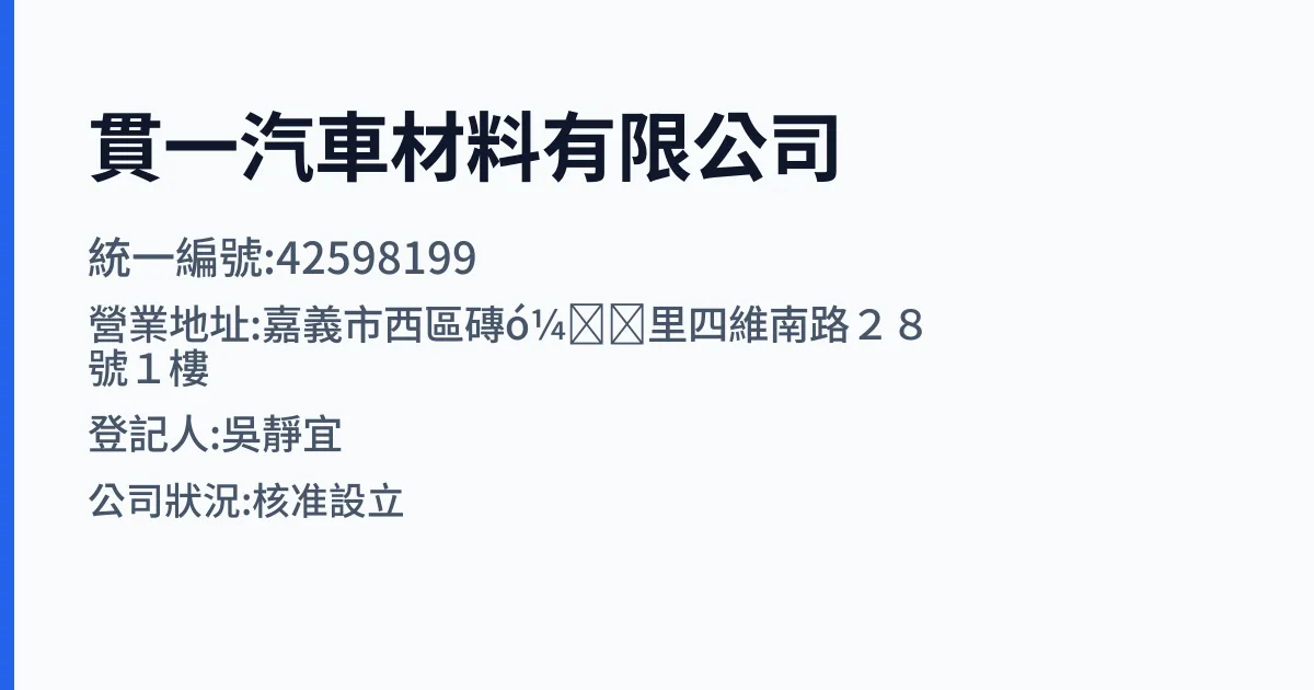 貫一汽車材料有限公司 - 統編 42598199(嘉義市) 公司登記資料與營業項目詳細圖表