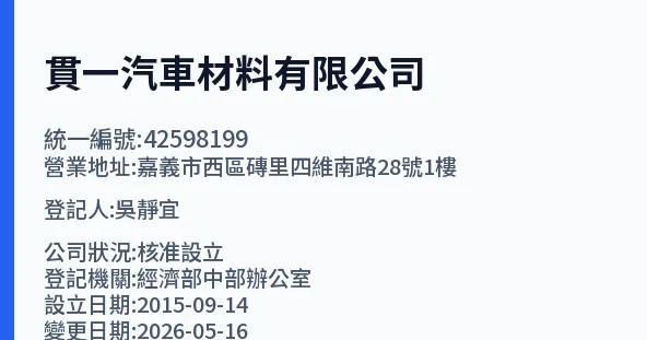 貫一汽車材料有限公司的照片-統編 42598199(嘉義市) 公司登記資料與營業項目詳細圖表