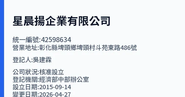 星晨揚企業有限公司的照片-統編 42598634(彰化縣) 公司登記資料與營業項目詳細圖表