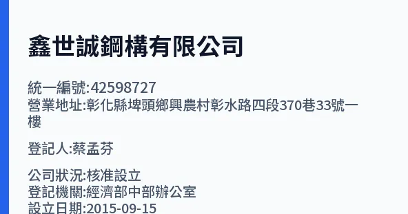 鑫世誠鋼構有限公司的照片-統編 42598727(彰化縣) 公司登記資料與營業項目詳細圖表