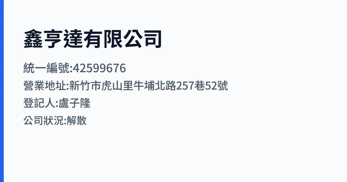 鑫亨達有限公司 - 統編 42599676(新竹市) 公司登記資料與營業項目詳細圖表