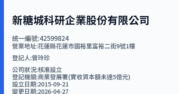 新糖城科研企業股份有限公司的照片-統編 42599824(花蓮縣) 公司登記資料與營業項目詳細圖表