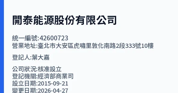 開泰能源股份有限公司的照片-統編 42600723(臺北市) 公司登記資料與營業項目詳細圖表