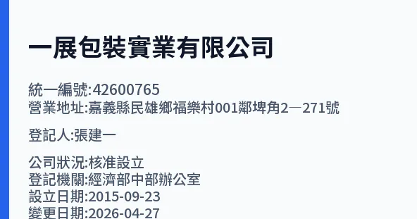 一展包裝實業有限公司的照片-統編 42600765(嘉義縣) 公司登記資料與營業項目詳細圖表