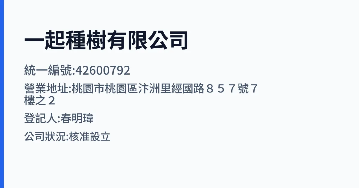 一起種樹有限公司 - 統編 42600792(桃園市) 公司登記資料與營業項目詳細圖表