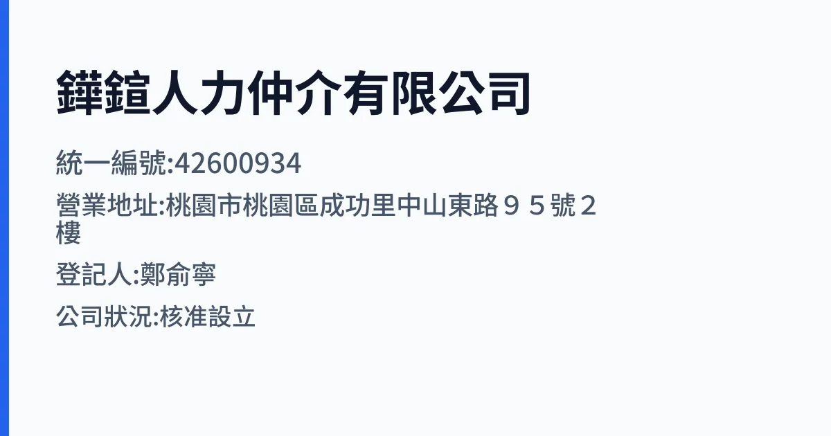 鏵鍹人力仲介有限公司 - 統編 42600934(桃園市) 公司登記資料與營業項目詳細圖表