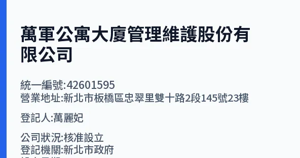 萬軍公寓大廈管理維護股份有限公司的照片-統編 42601595(新北市) 公司登記資料與營業項目詳細圖表