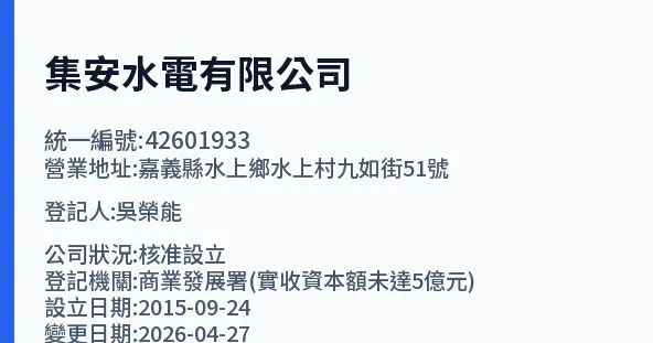 集安水電有限公司的照片-統編 42601933(嘉義縣) 公司登記資料與營業項目詳細圖表