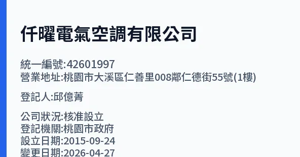 仟曜電氣空調有限公司的照片-統編 42601997(桃園市) 公司登記資料與營業項目詳細圖表