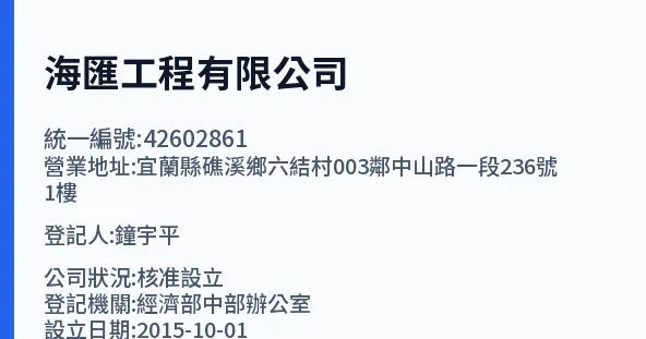 海匯工程有限公司的照片-統編 42602861(宜蘭縣) 公司登記資料與營業項目詳細圖表