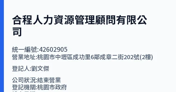 合程人力資源管理顧問有限公司的照片-統編 42602905(桃園市) 公司登記資料與營業項目詳細圖表