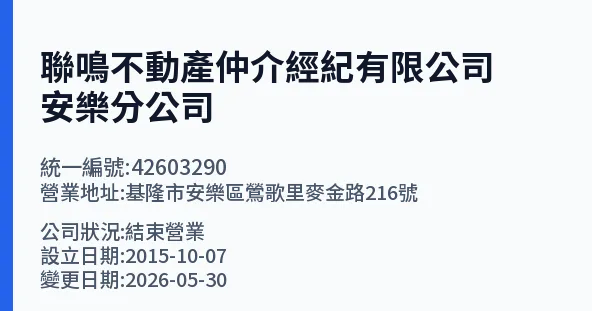 聯鳴不動產仲介經紀有限公司安樂分公司的照片-統編 42603290(基隆市) 公司登記資料與營業項目詳細圖表