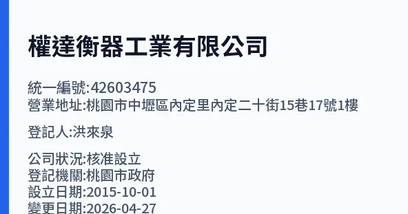 權達衡器工業有限公司的照片-統編 42603475(桃園市) 公司登記資料與營業項目詳細圖表