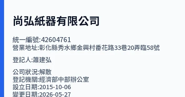 尚弘紙器有限公司的照片-統編 42604761(彰化縣) 公司登記資料與營業項目詳細圖表