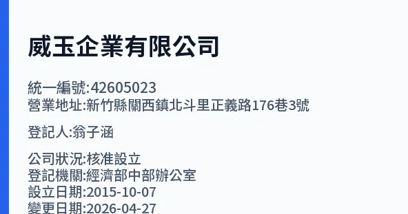 威玉企業有限公司的照片-統編 42605023(新竹縣) 公司登記資料與營業項目詳細圖表