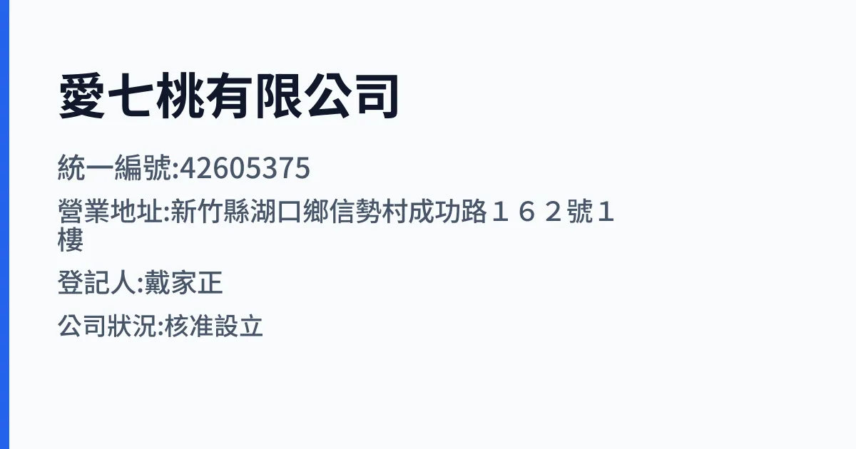 愛七桃有限公司 - 統編 42605375(新竹縣) 公司登記資料與營業項目詳細圖表
